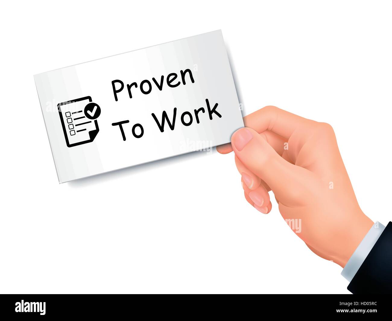 proven to work card in hand isolated over white background Stock Vector ...