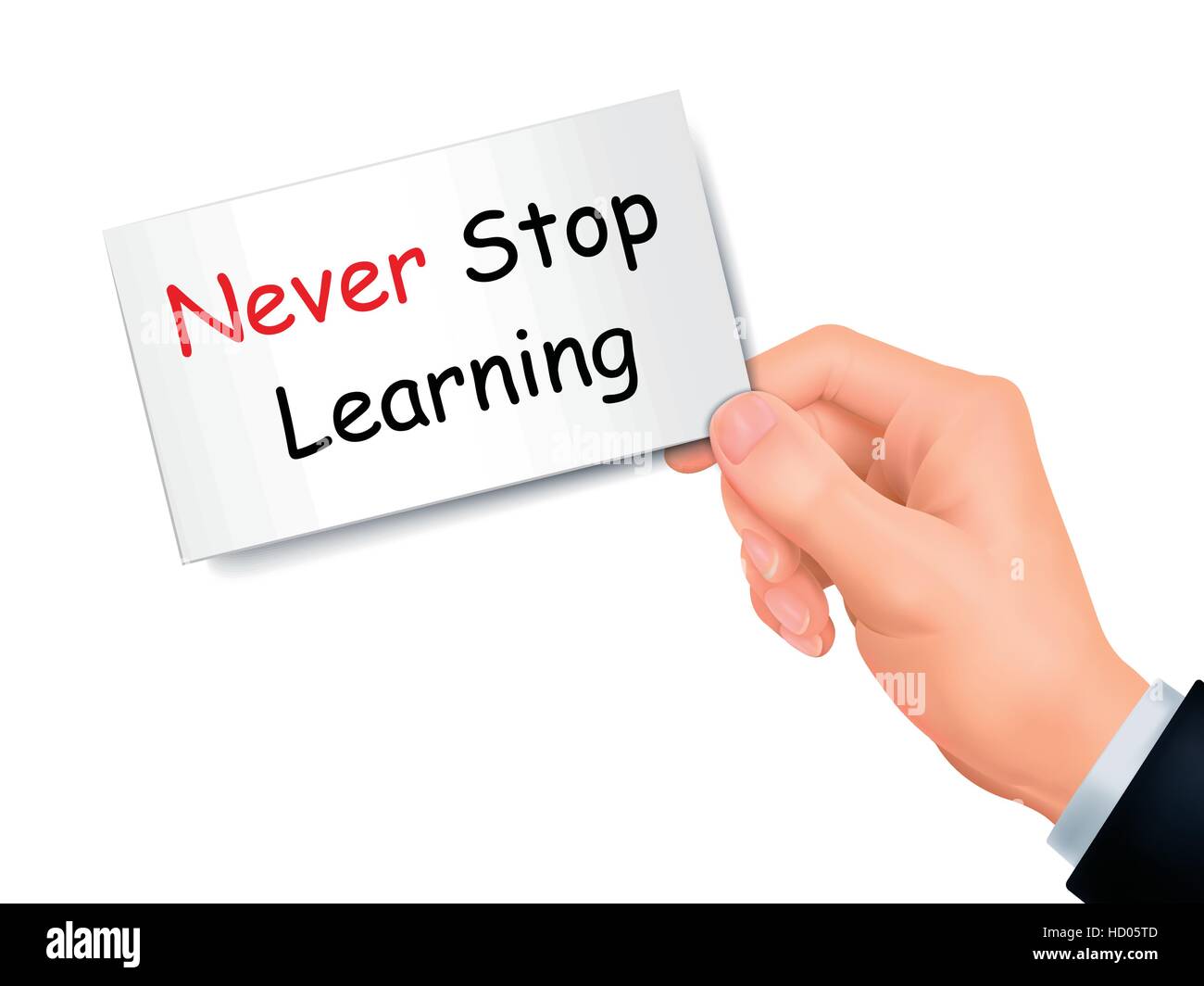 never stop learning card in hand isolated over white background Stock ...
