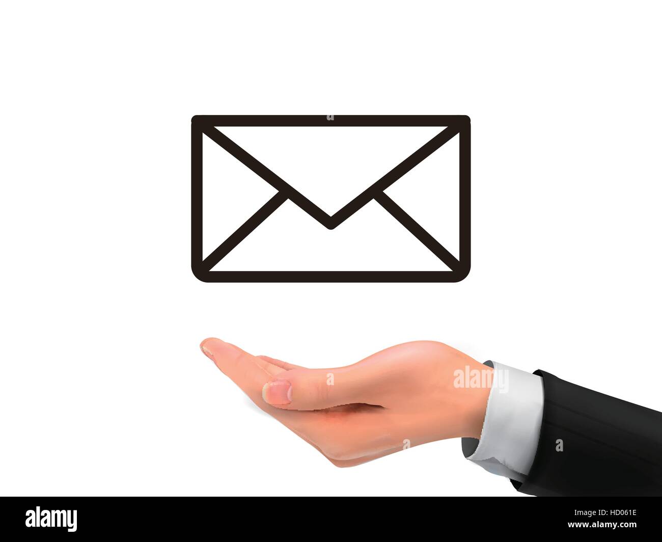 e-mail icon holding by realistic hand over white background Stock ...