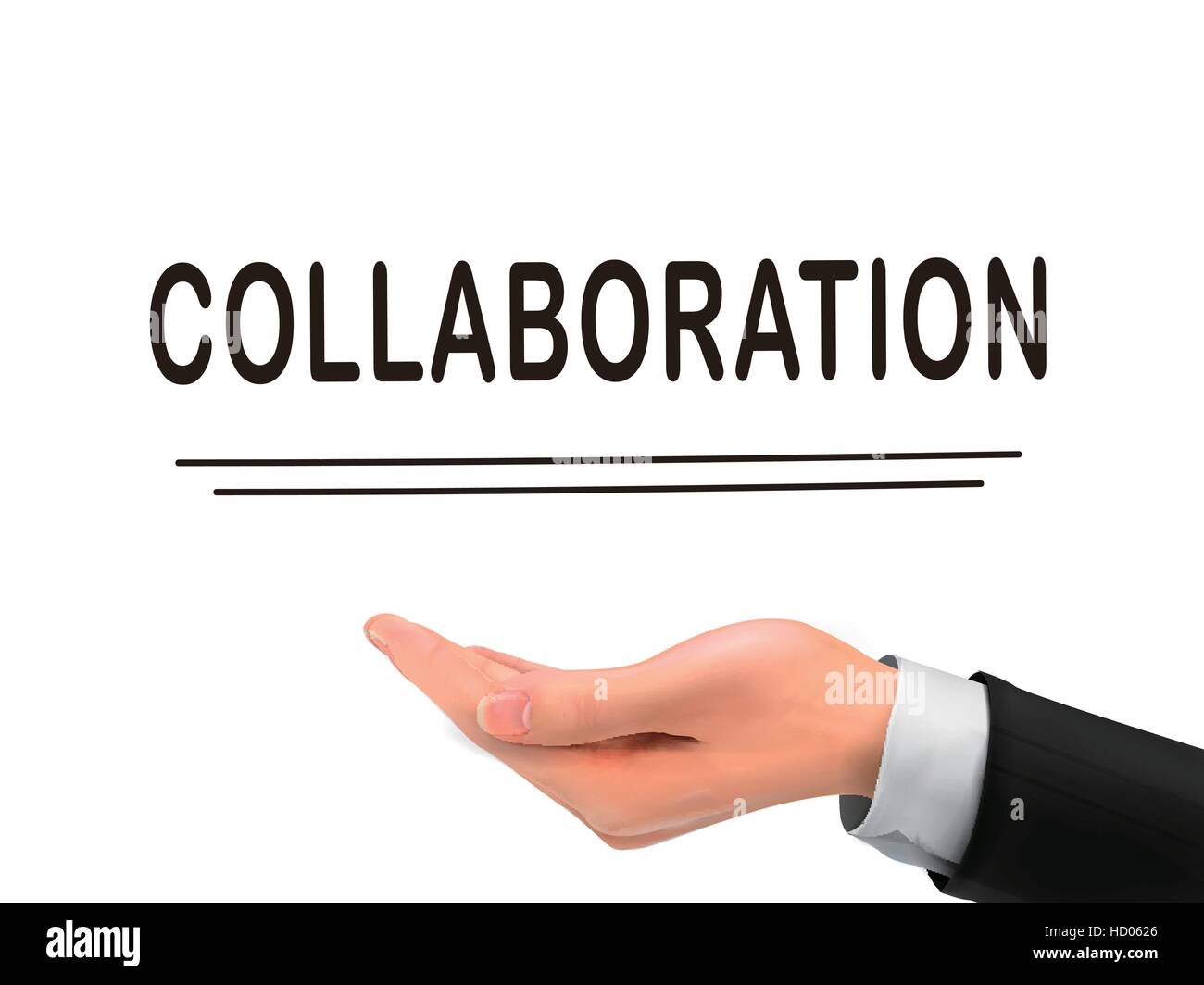 collaboration word holding by realistic hand over white background ...
