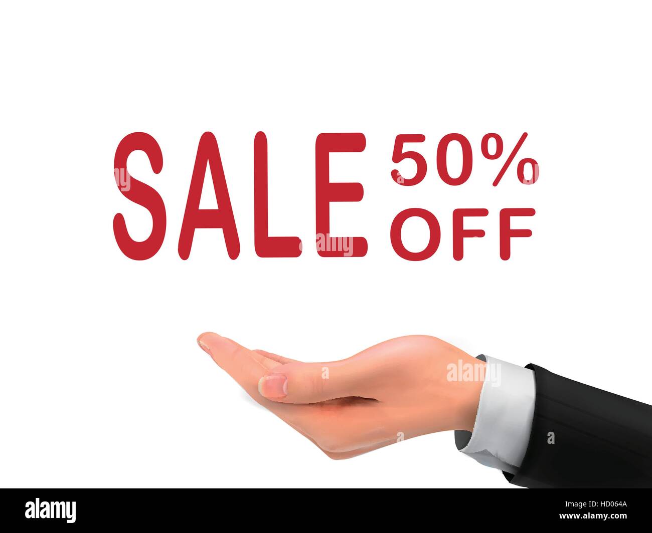 sale 50 percent off holding by realistic hand over white background ...