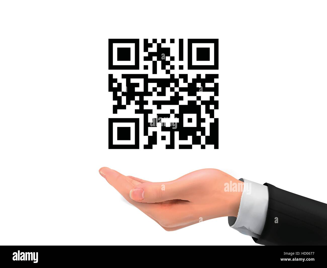 QR code sample holding by realistic hand over white background Stock ...
