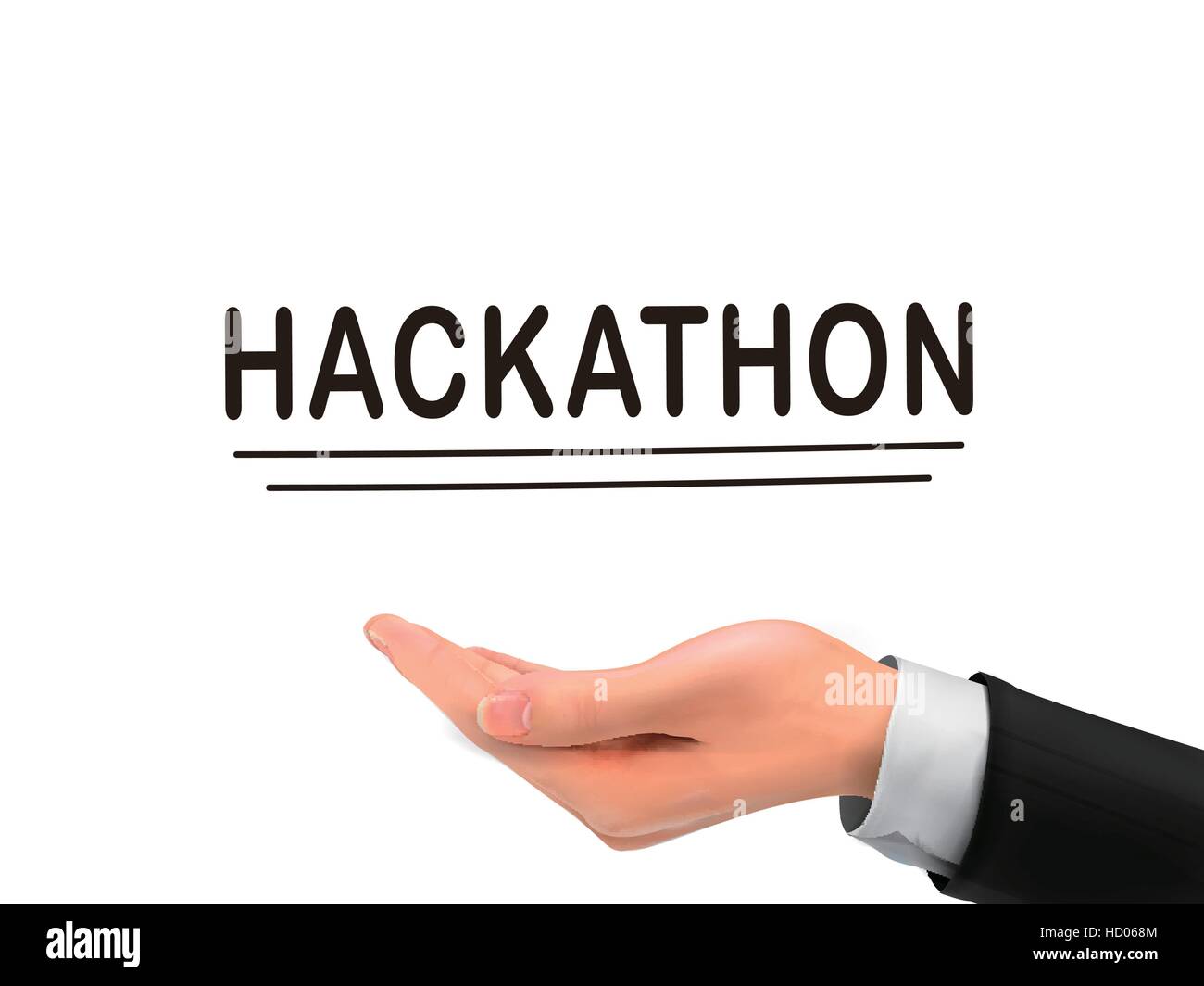 hackathon word holding by realistic hand over white background Stock ...