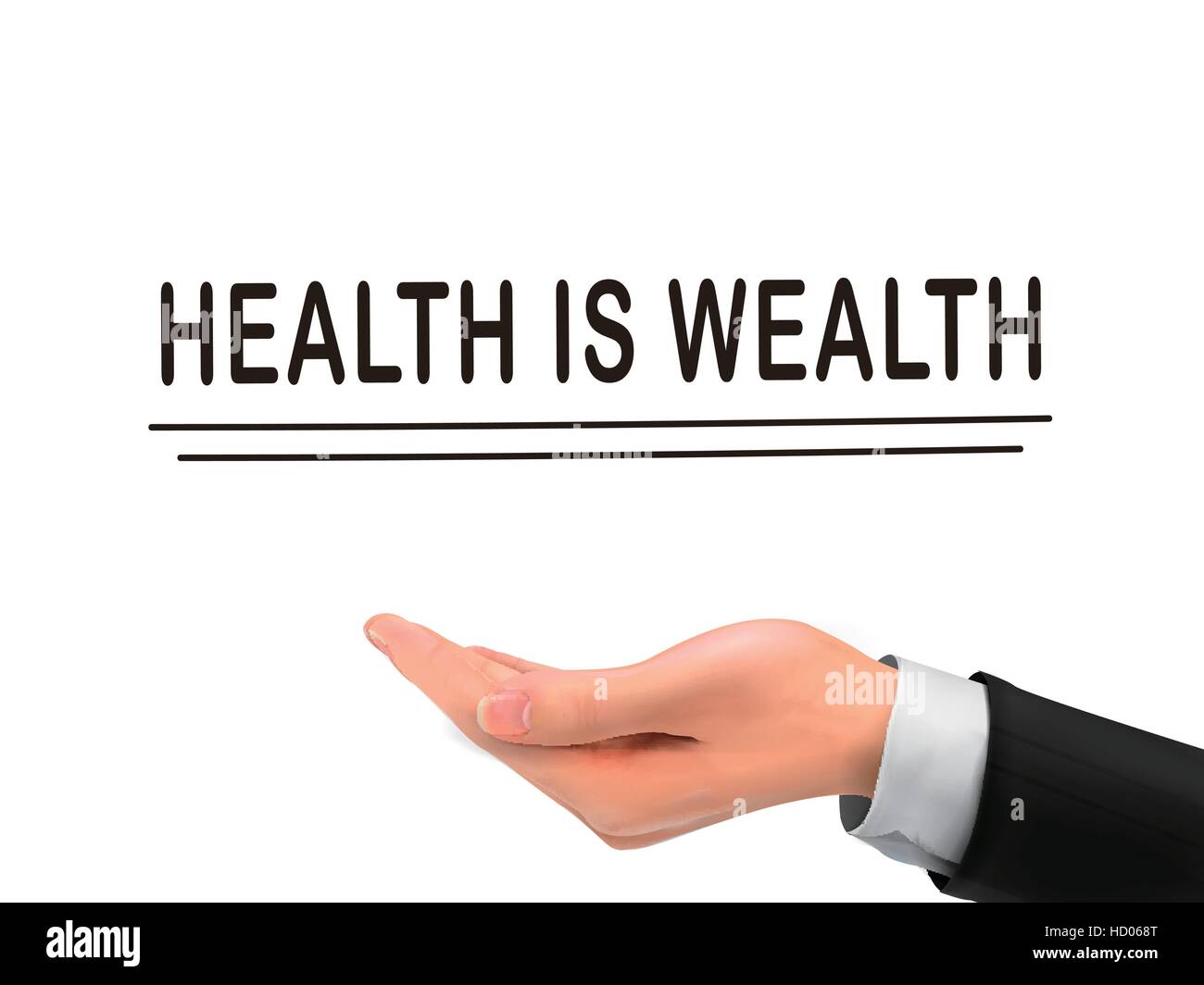 health is wealth words holding by realistic hand over white background ...