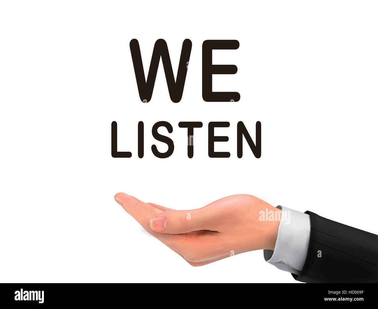 we listen words holding by realistic hand over white background Stock ...
