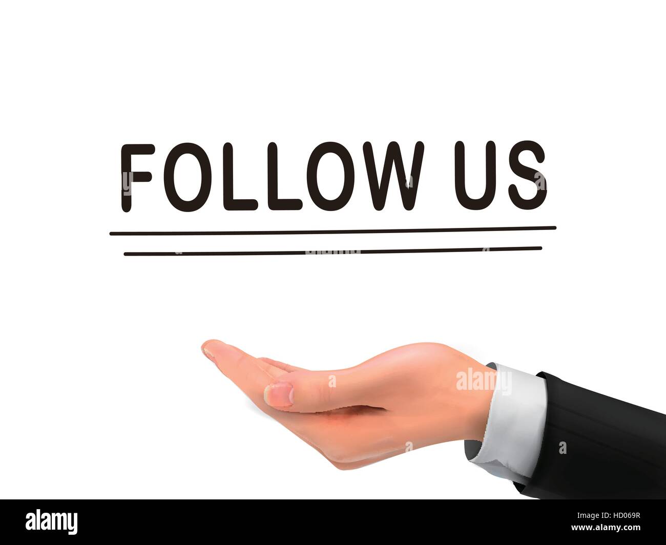 follow us words holding by realistic hand over white background Stock ...