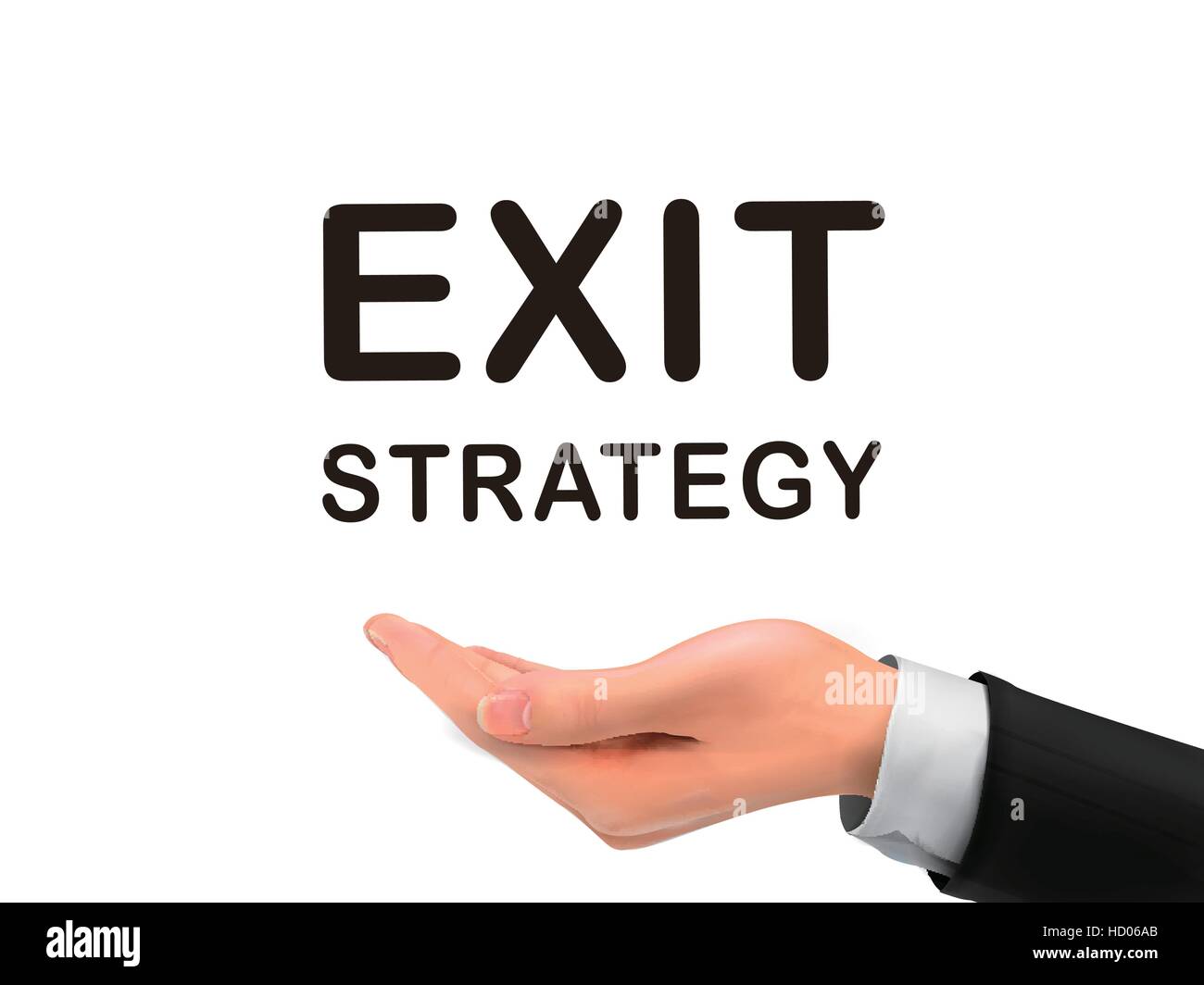 exit strategy words holding by realistic hand over white background ...