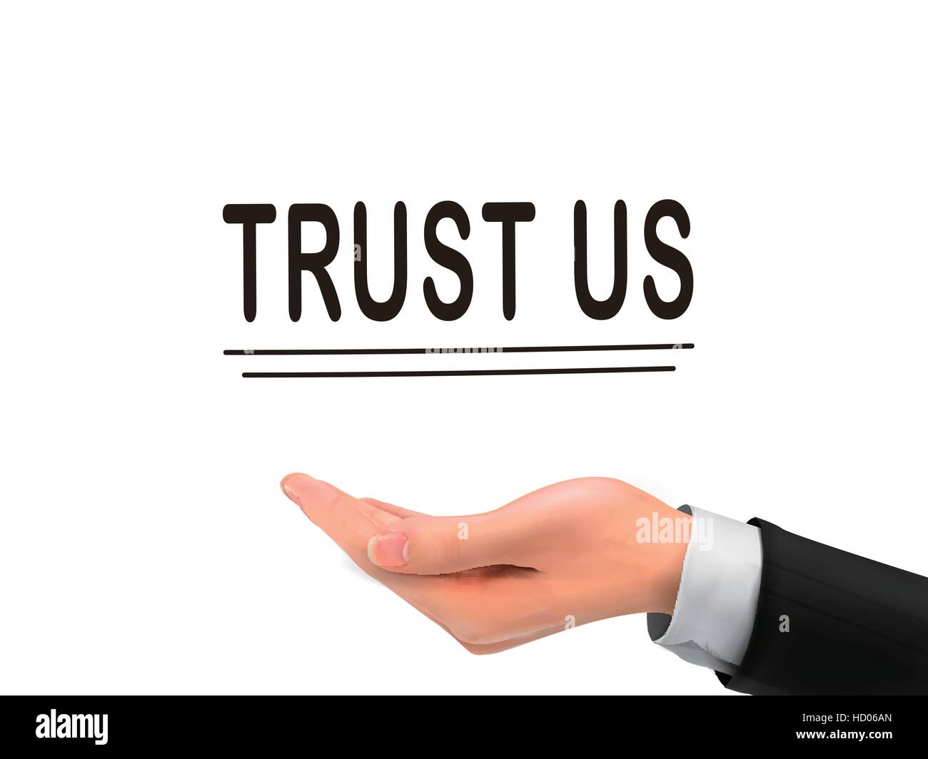trust us words holding by realistic hand over white background Stock ...