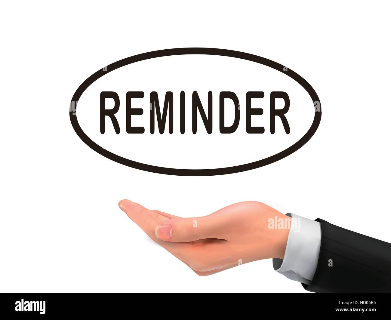 reminder word holding by realistic hand over white background Stock ...