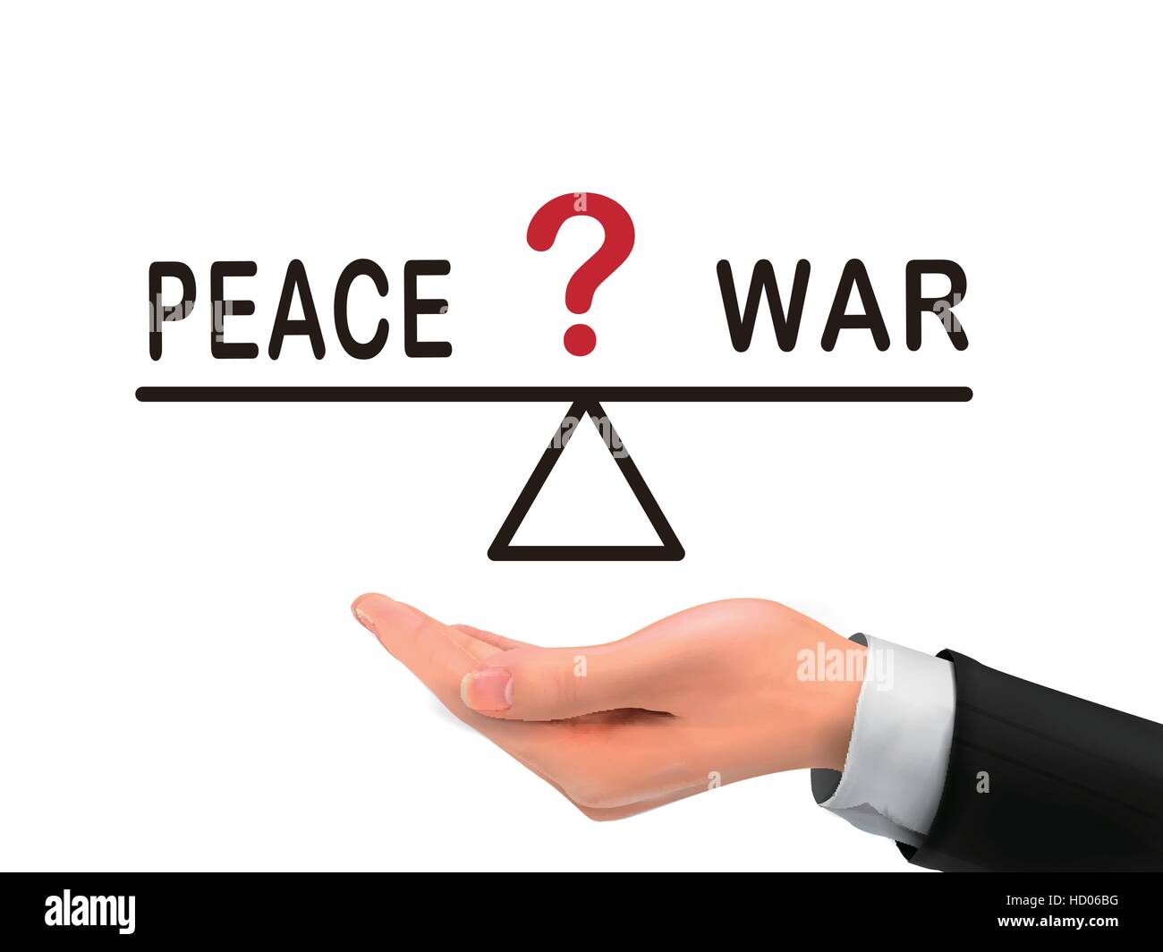 balance between peace and war holding by realistic hand over white ...