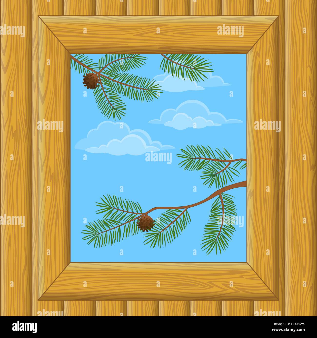 Wood Window with Pine Branches Stock Vector Image & Art - Alamy