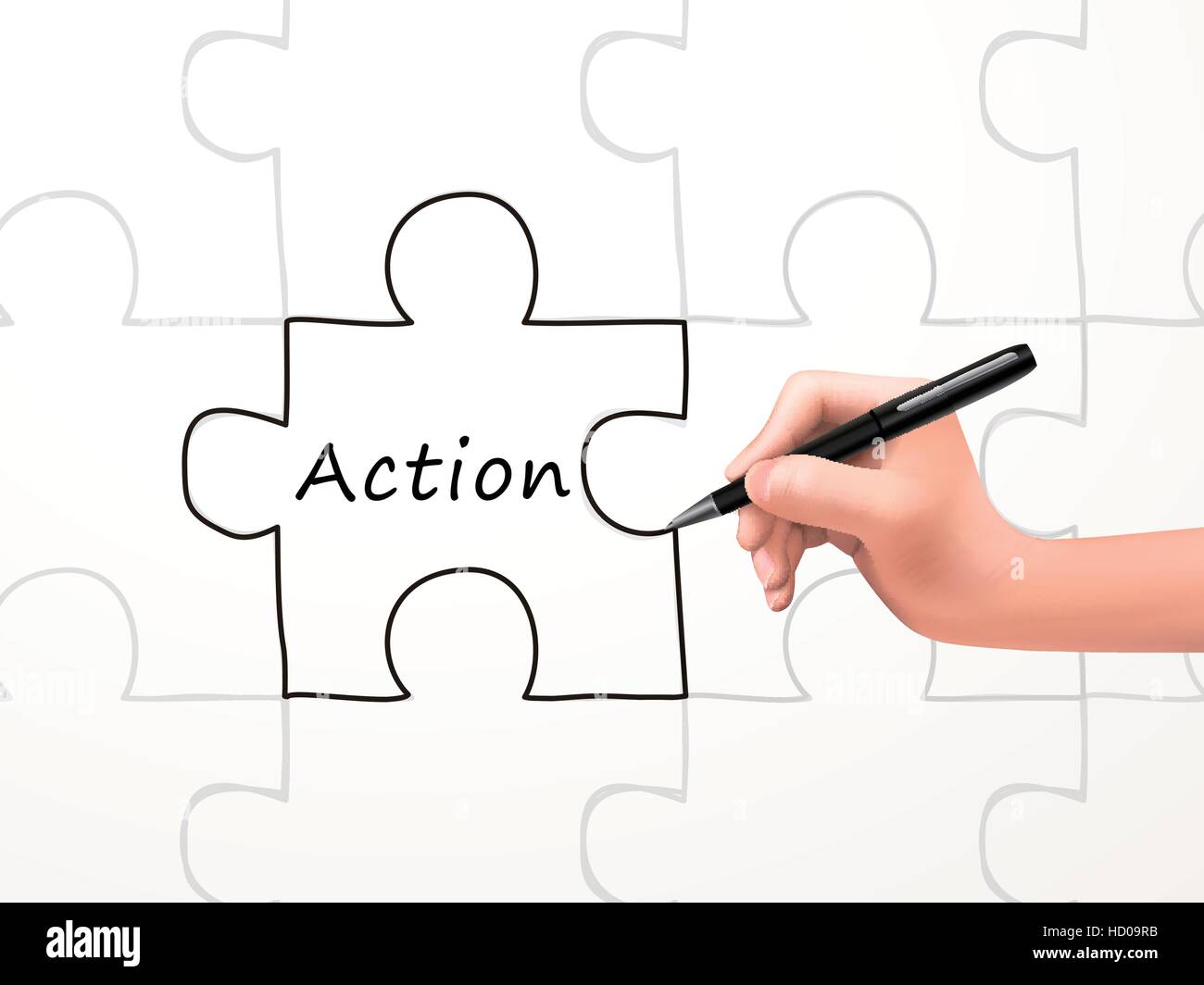 action word and puzzle drawn by human hand over white background Stock ...