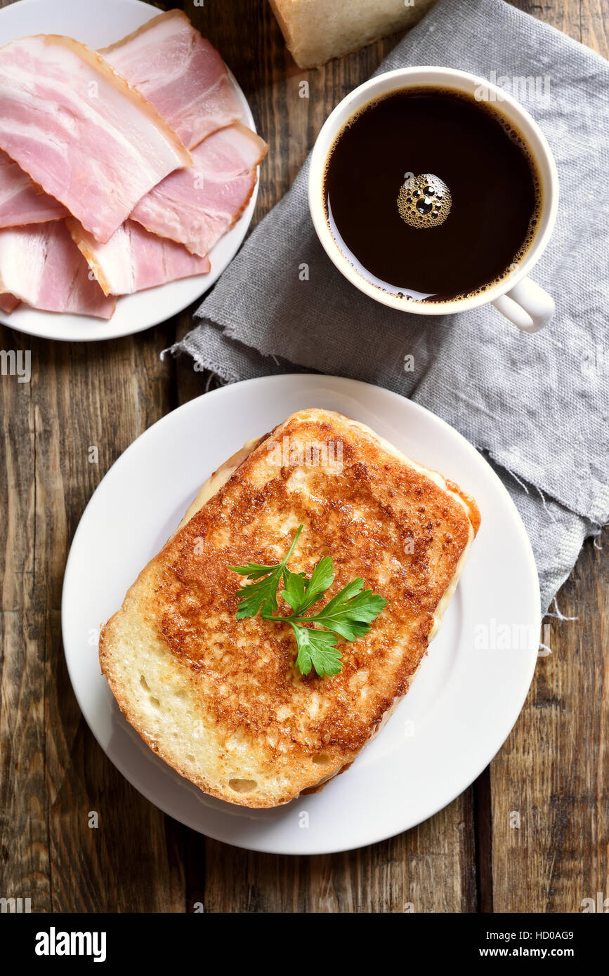 Breakfast, toast sandwich with cheese and cup of coffee, top view Stock ...