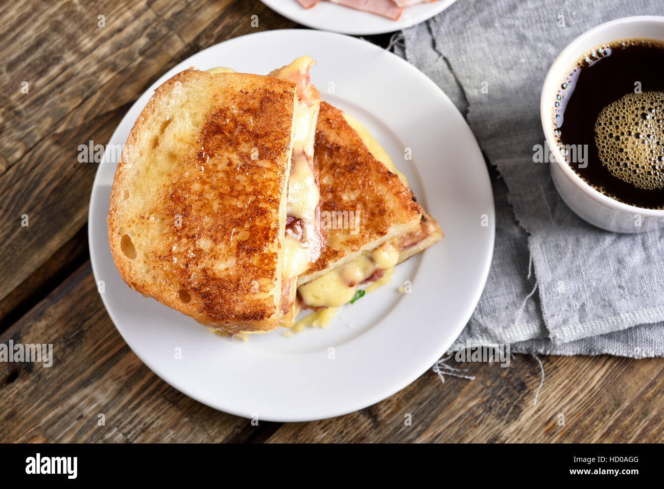 Breakfast toast sandwich with bacon and cheese, top view Stock Photo ...