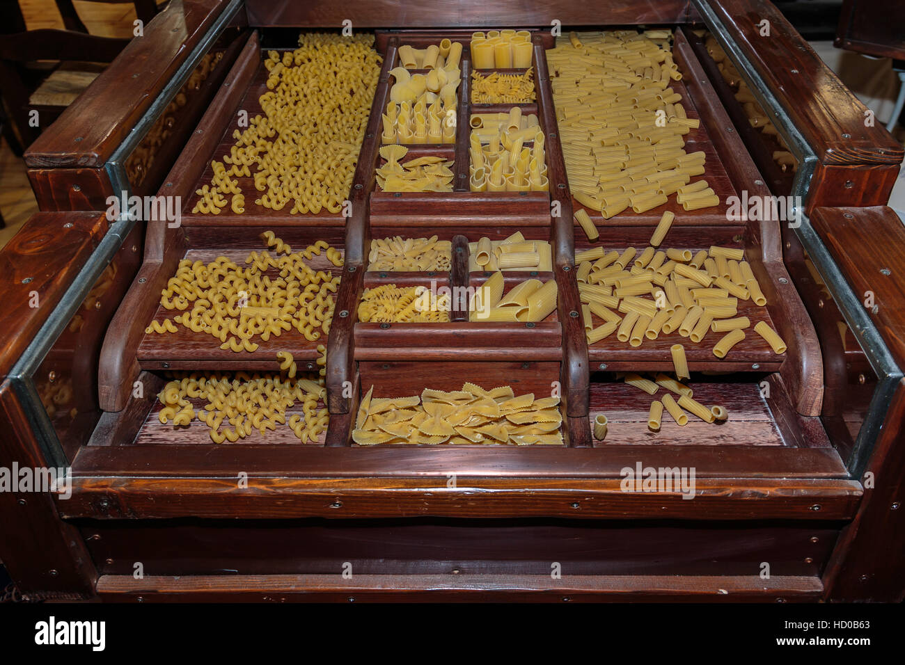 Pasta Variety in Wooden Compartmented Box, Variety of Uncooked Pasta ...