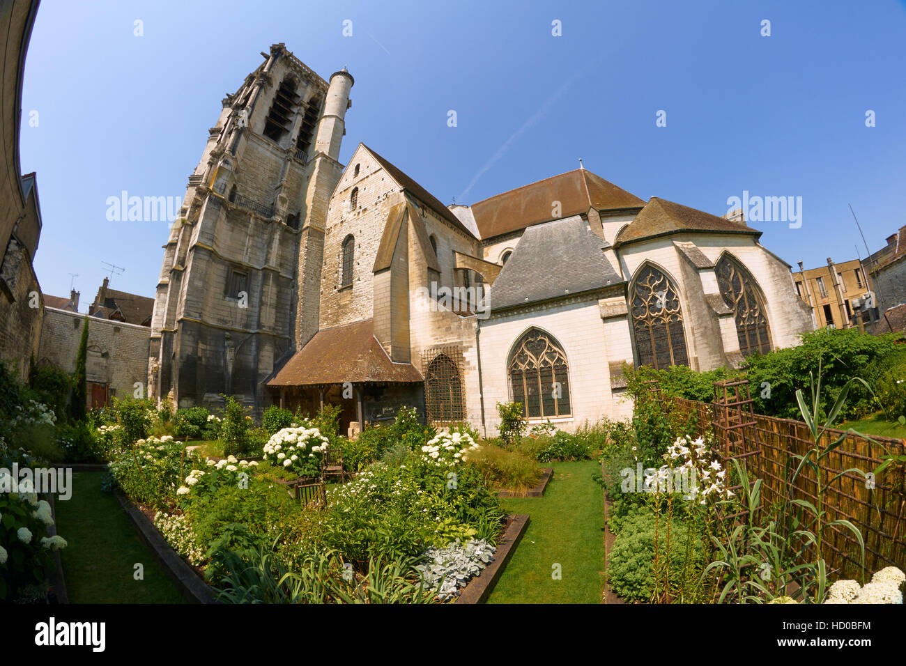 Garden with a medieval church in the city of Troyes, France Stock Photo ...