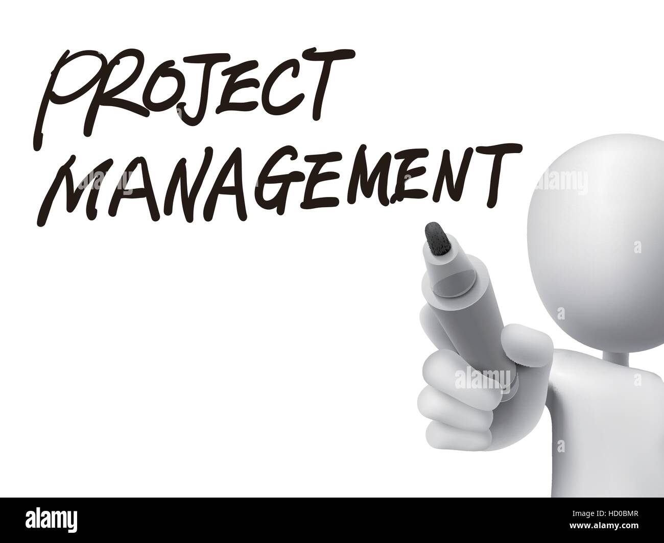 project management words written by 3d man over transparent board Stock ...