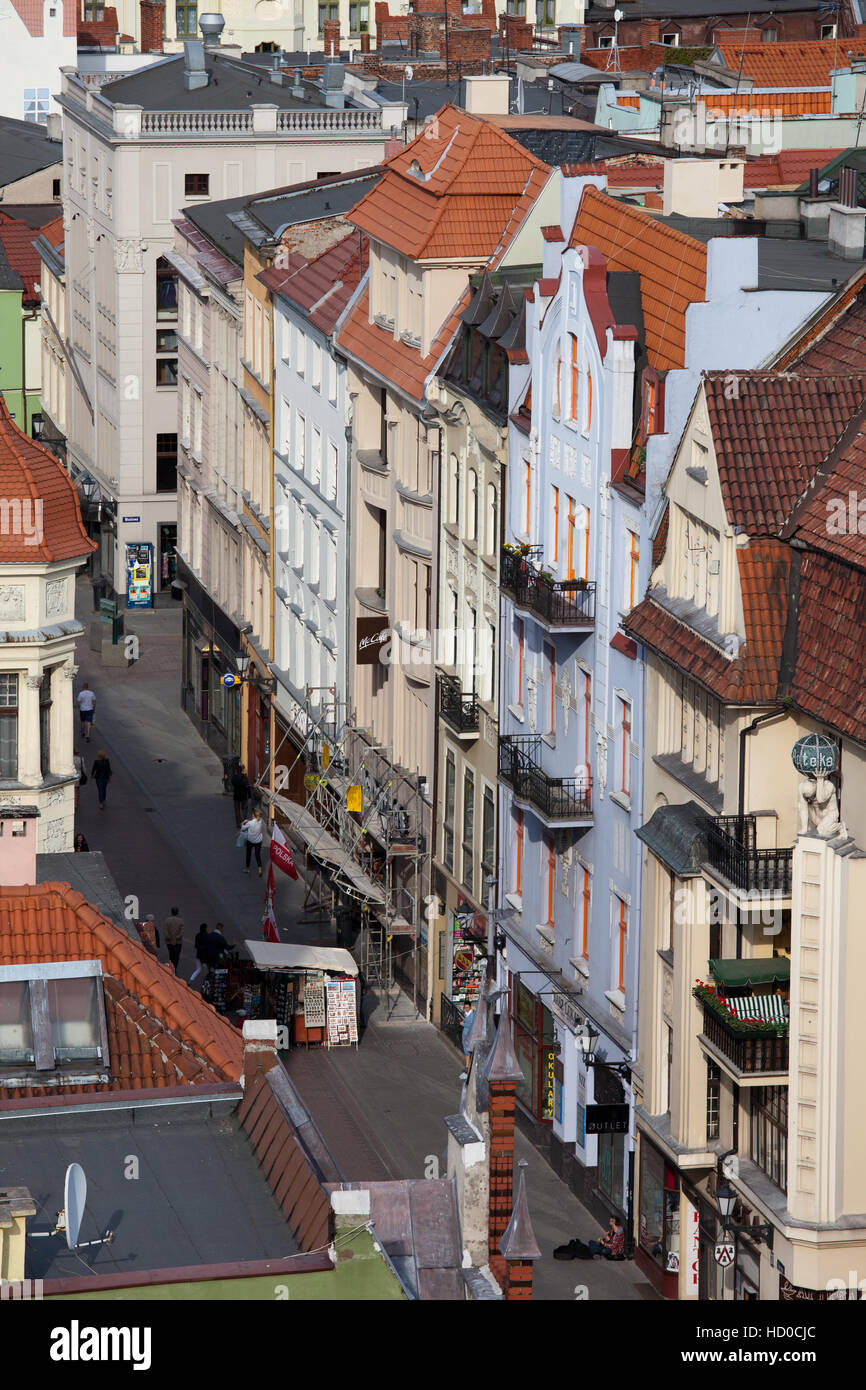 Poland, city of Torun, buildings along Szeroka Street, view from above ...