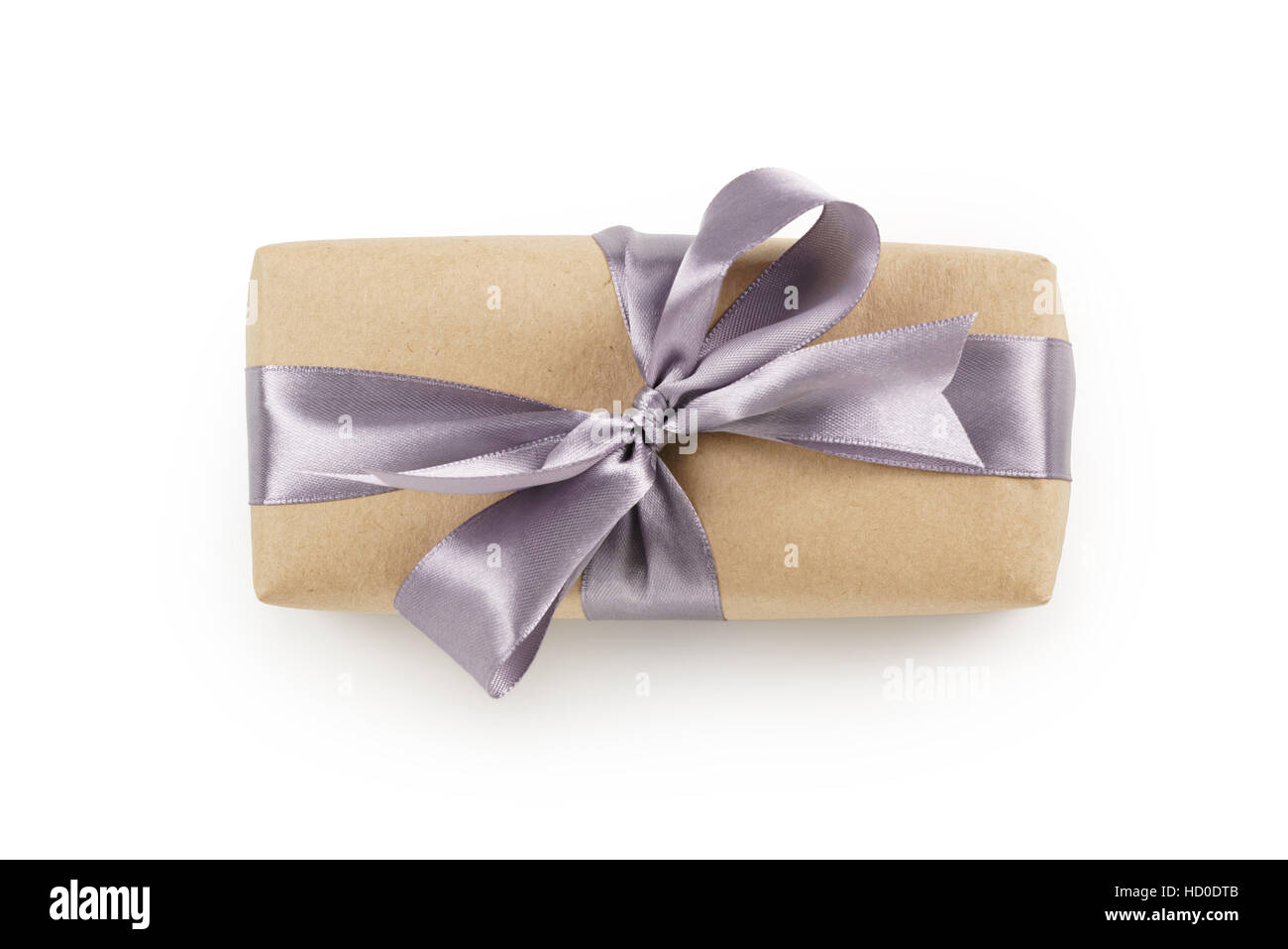 brown paper gift box with lilac ribbon bow top view Stock Photo - Alamy