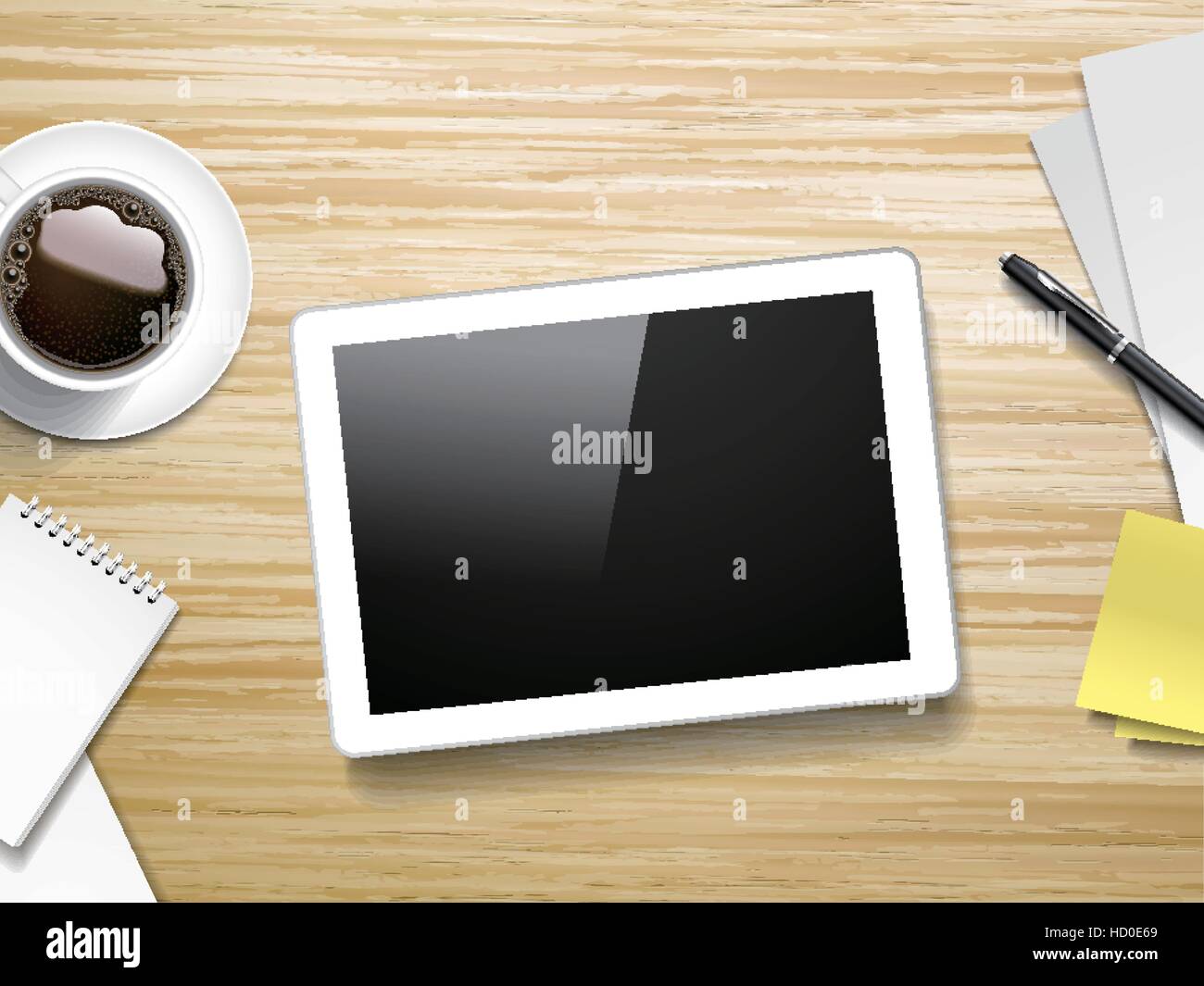 tablet and working place elements over wooden table Stock Vector Image ...