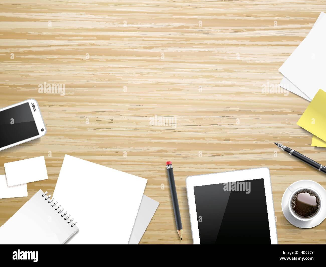 top view of working place elements over wooden table Stock Vector Image ...