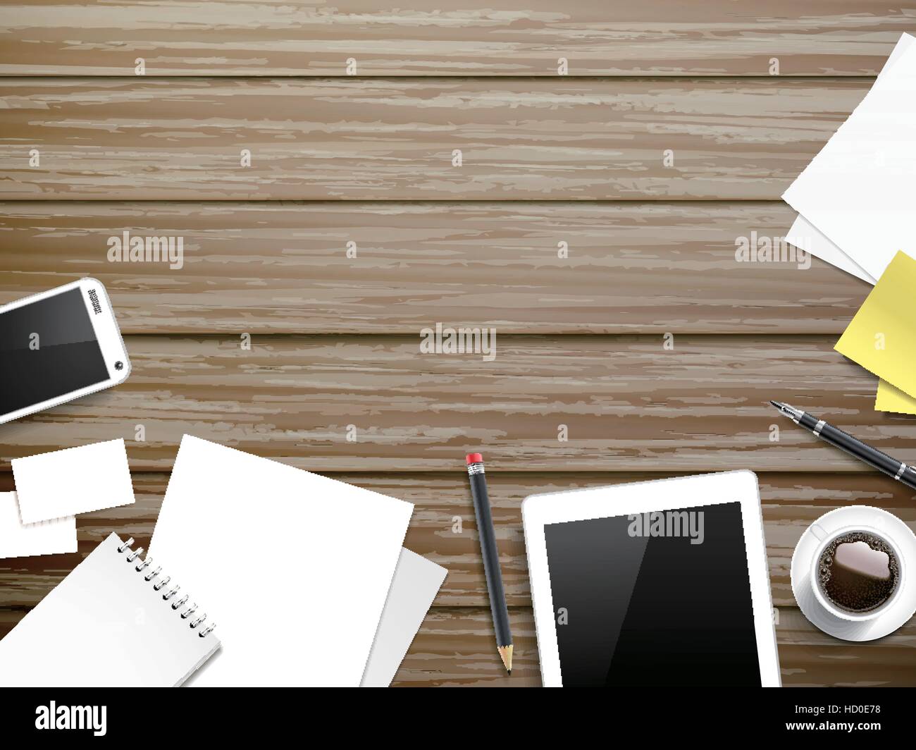 top view of working place elements over wooden table Stock Vector Image ...