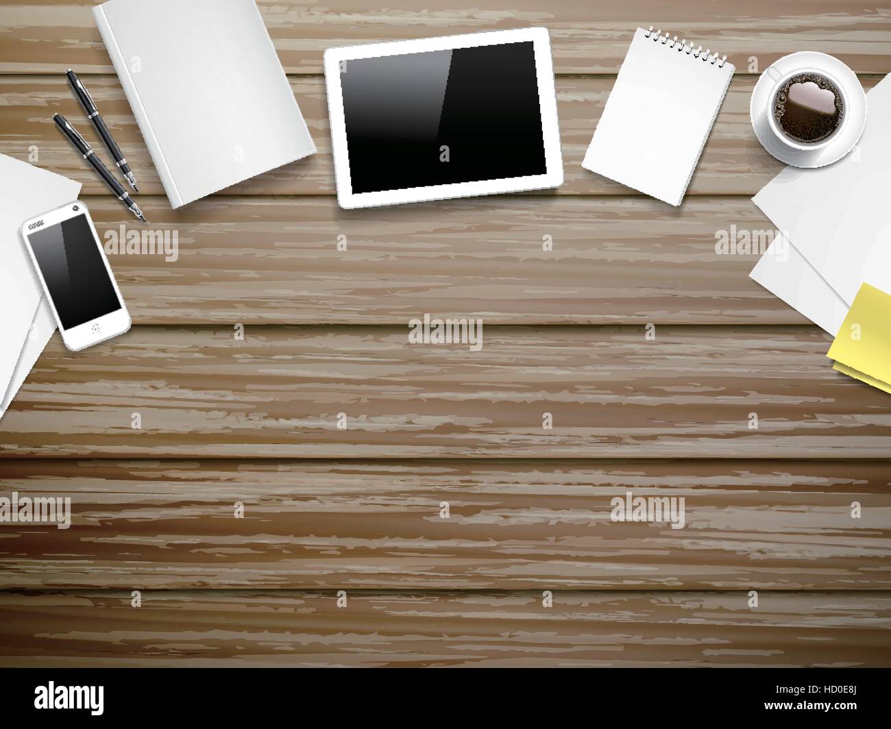 top view of working place elements over wooden table Stock Vector Image ...