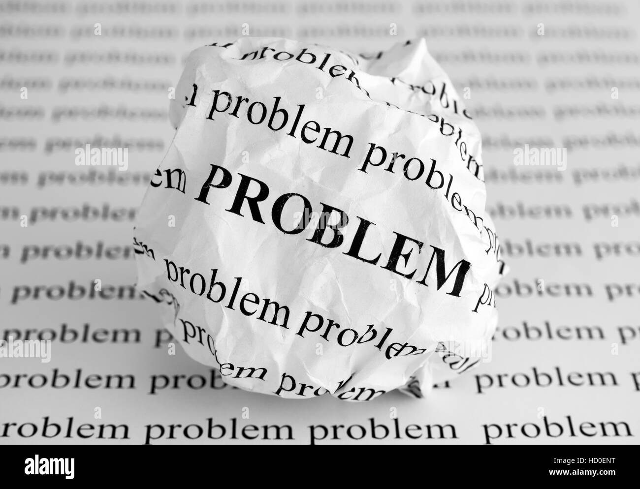 Crumpled paper ball with words Problem. Black and white Stock Photo - Alamy