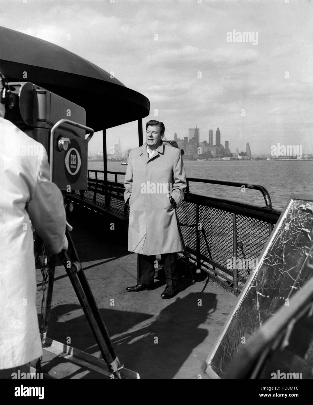 Arthur Godfrey filming ferry boat sequence with Manhattan skyline in ...