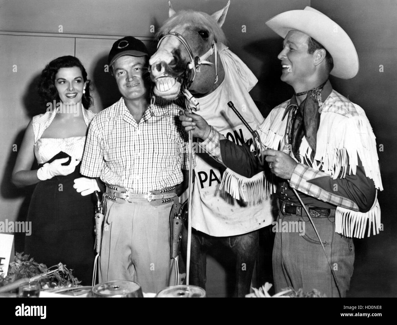 Jane Russell, Bob Hope, Trigger, Roy Rogers in the Paramount commissary ...