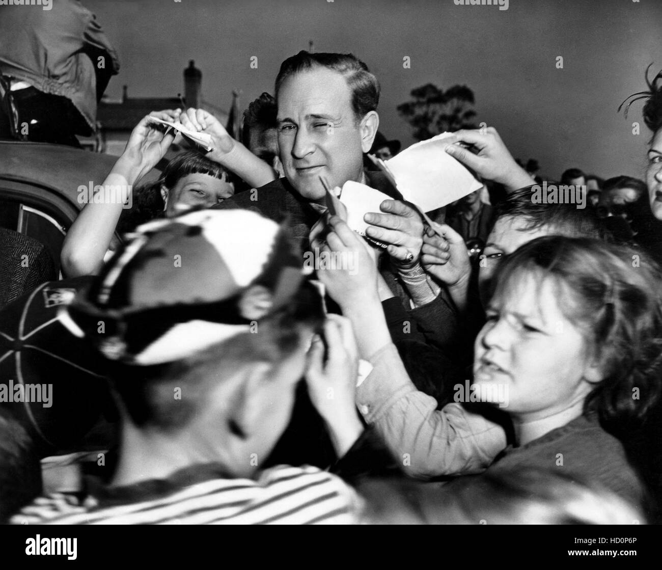 Bud Abbott mobbed by autograph seekers at the site dedication ceremony ...