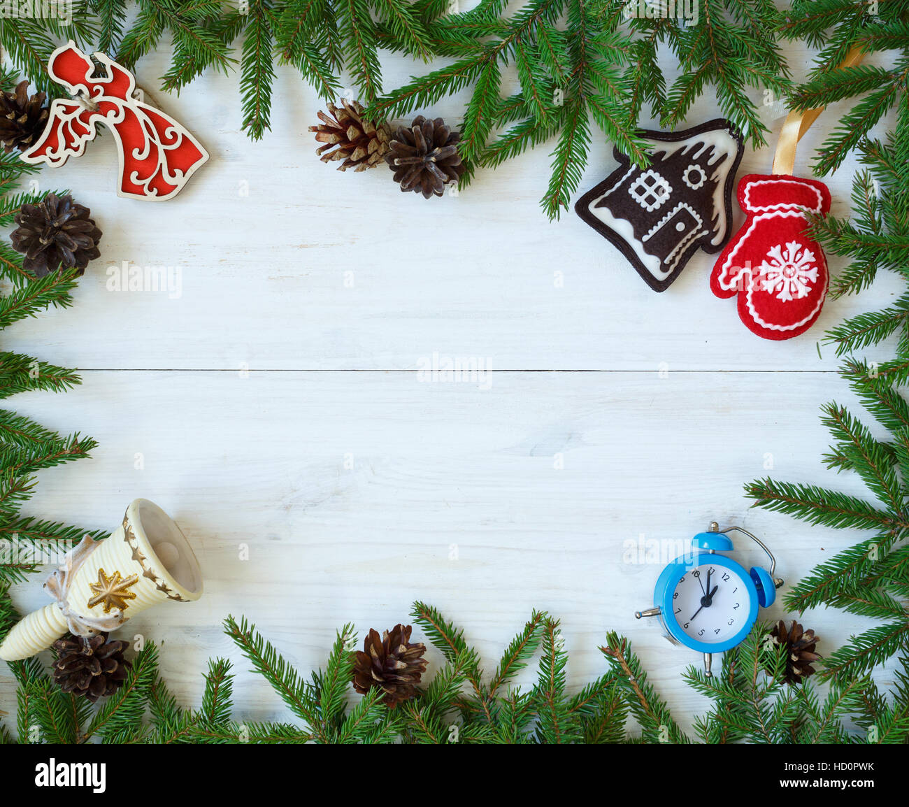Christmas border with fir tree branches, christmas decorations and ...