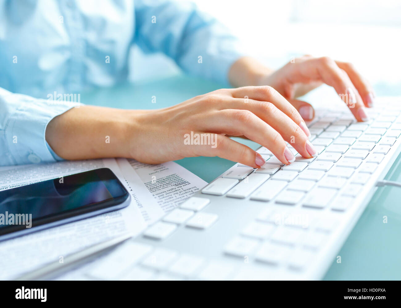 Female hands or woman office worker typing on the keyboard Stock Photo ...