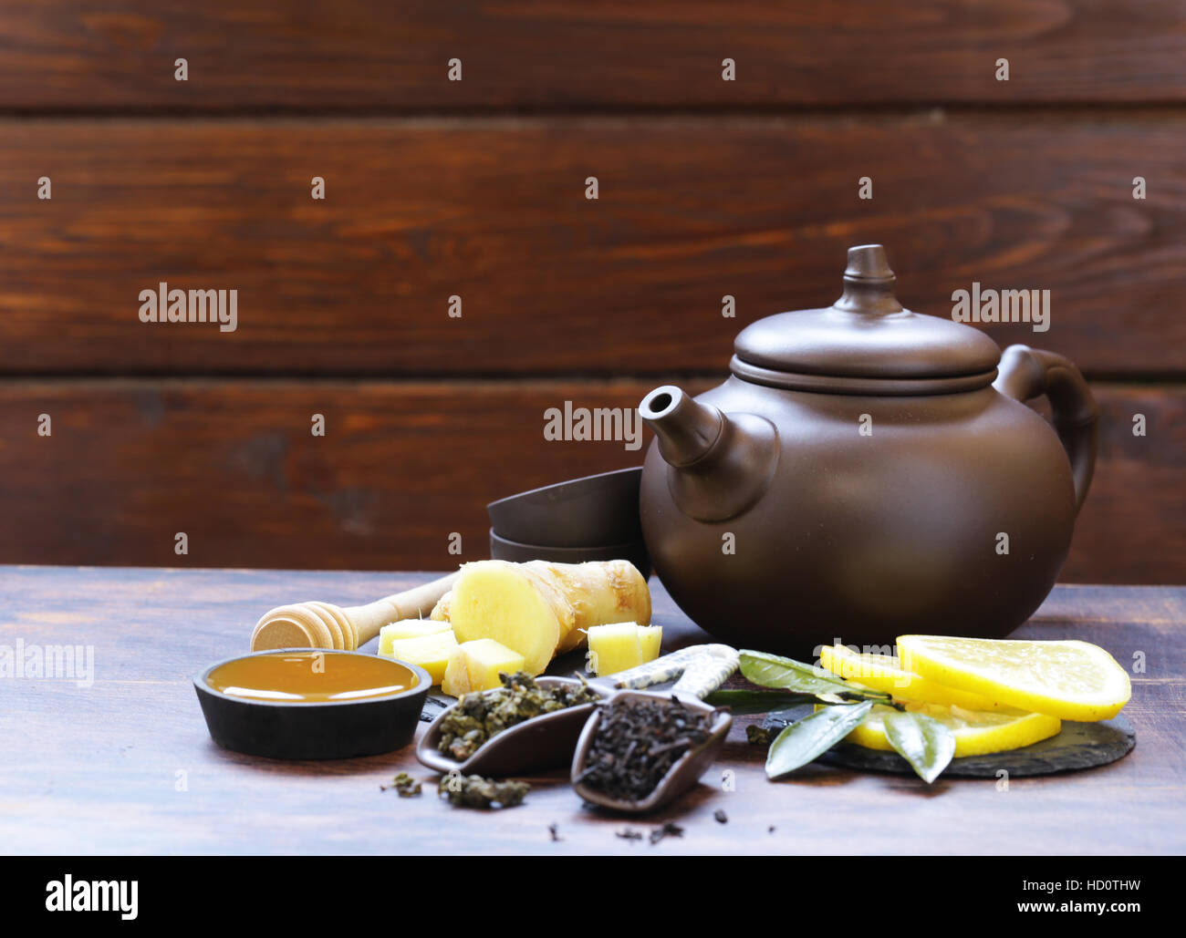 Tea set with ginger, lemon and honey Stock Photo - Alamy