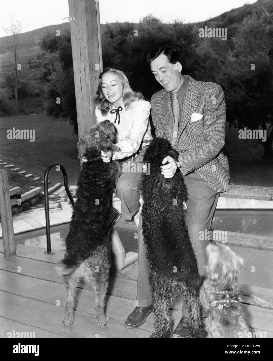 Evelyn Keyes, left, and John Huston, with their dogs, 'Willie' and ...