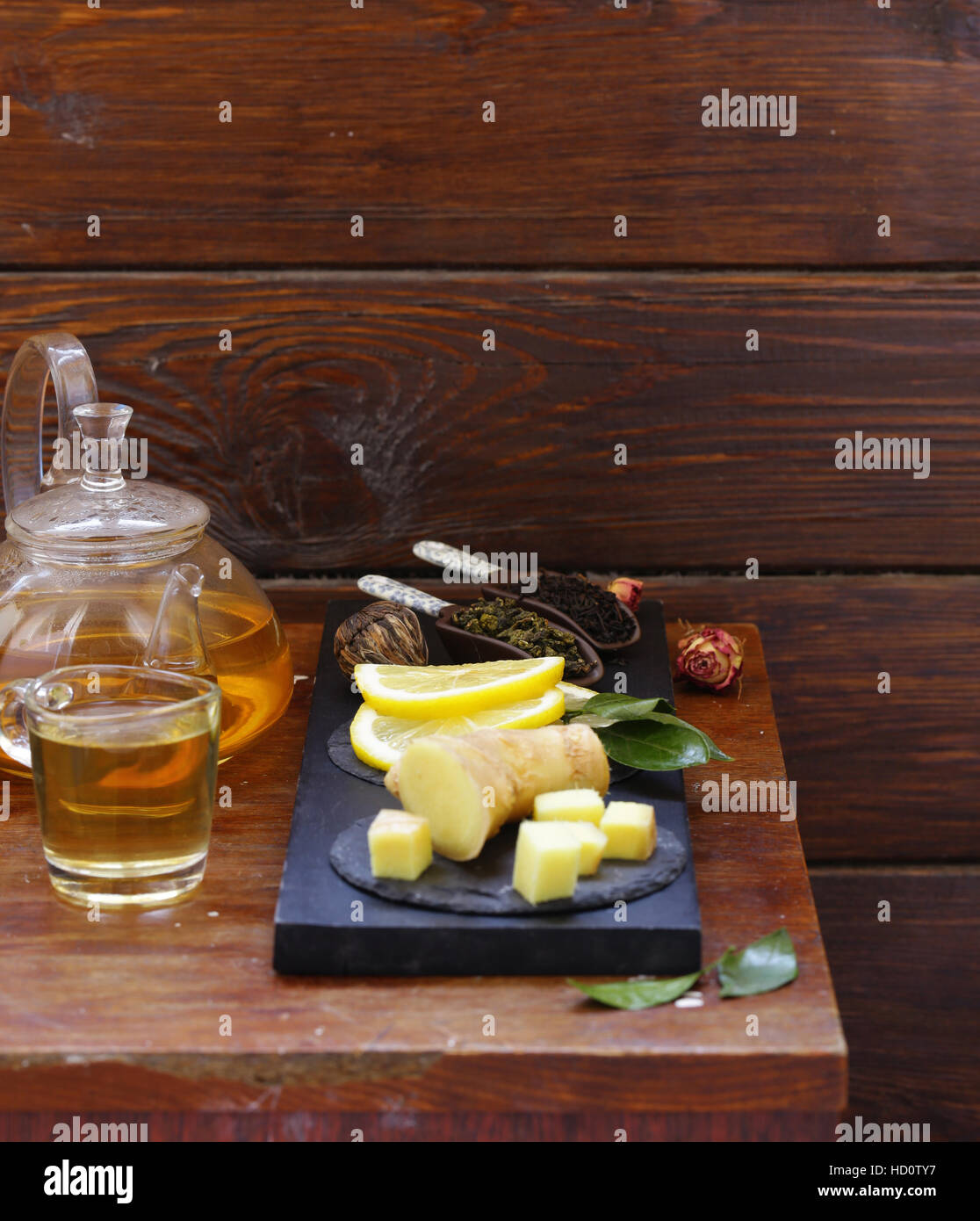 Tea set with ginger, lemon and honey Stock Photo - Alamy