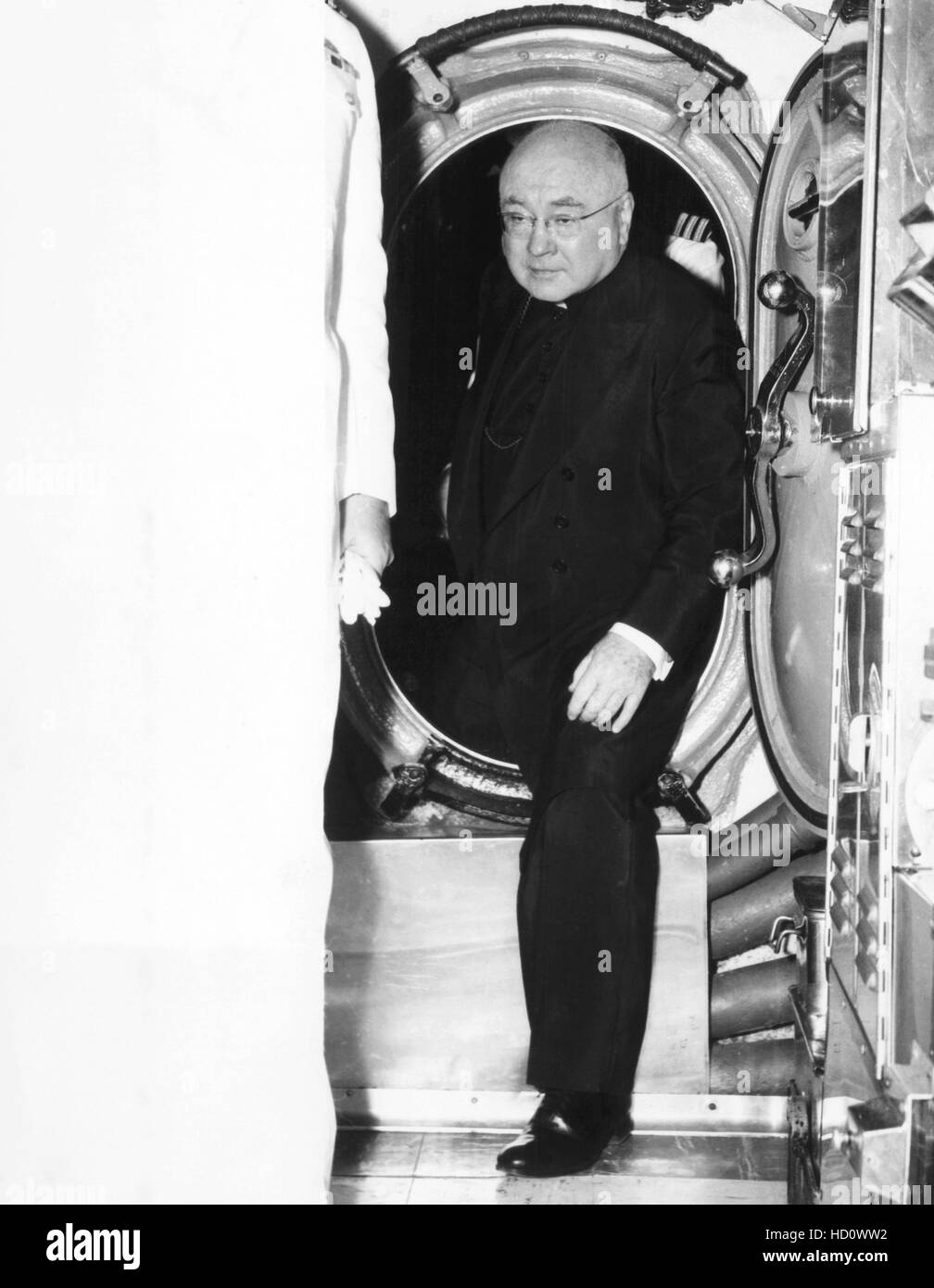 Francis Cardinal Spellman taking a tour of the submarine USS Sea Owl at ...