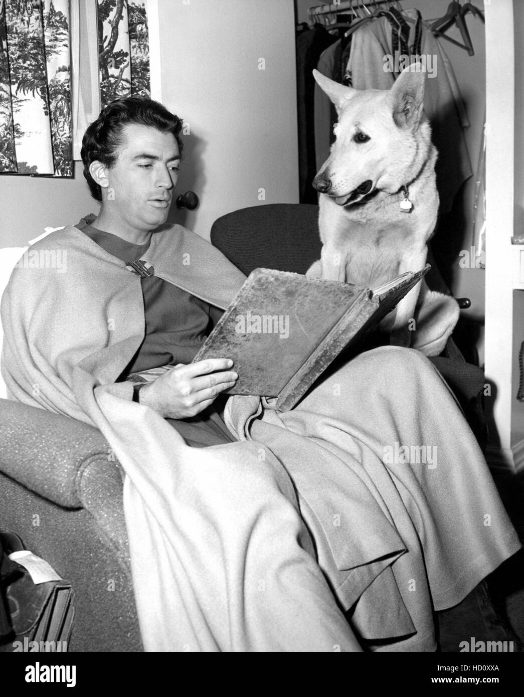 GREGORY PECK, on the set of DAVID AND BATHSHEBA, rehearses a scene in ...