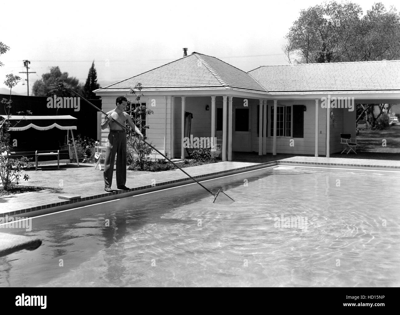 FRED MACMURRAY, candid of him cleaning out pool Stock Photo - Alamy