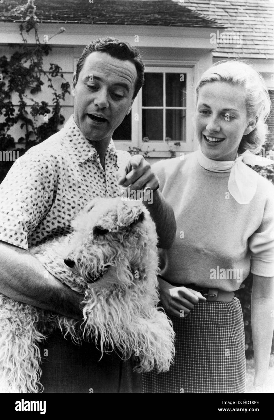 Jack Lemmon, Cynthia Stone and their dog Duffy at home, 1955 Stock Photo - Alamy