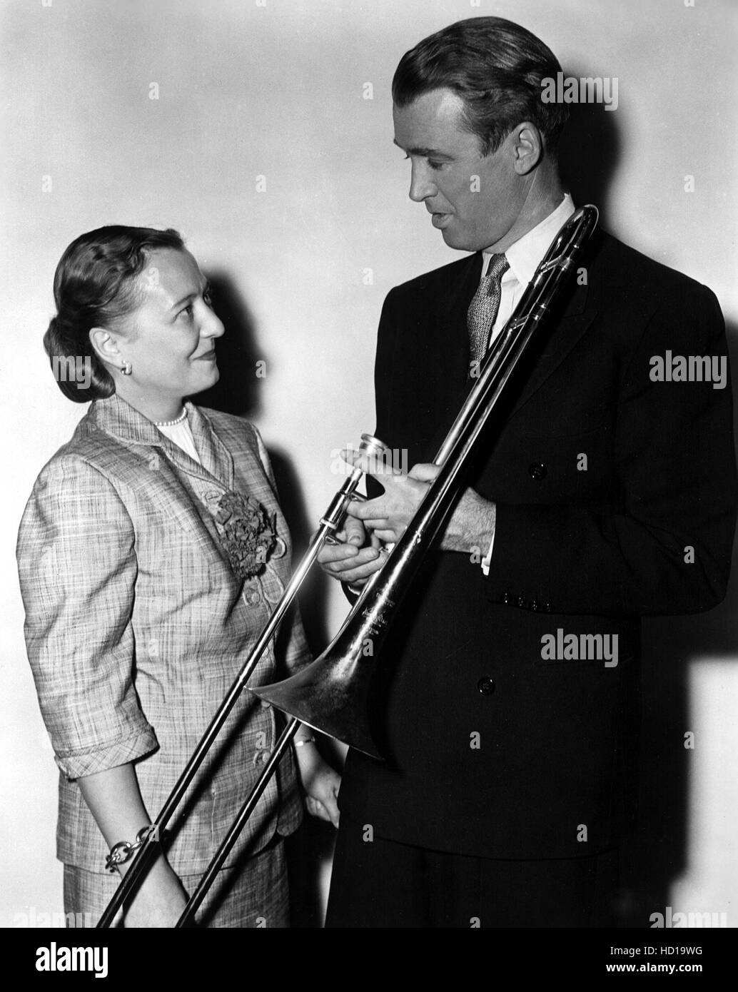 Helen Miller presents James Stewart with her husband's trombone on the ...
