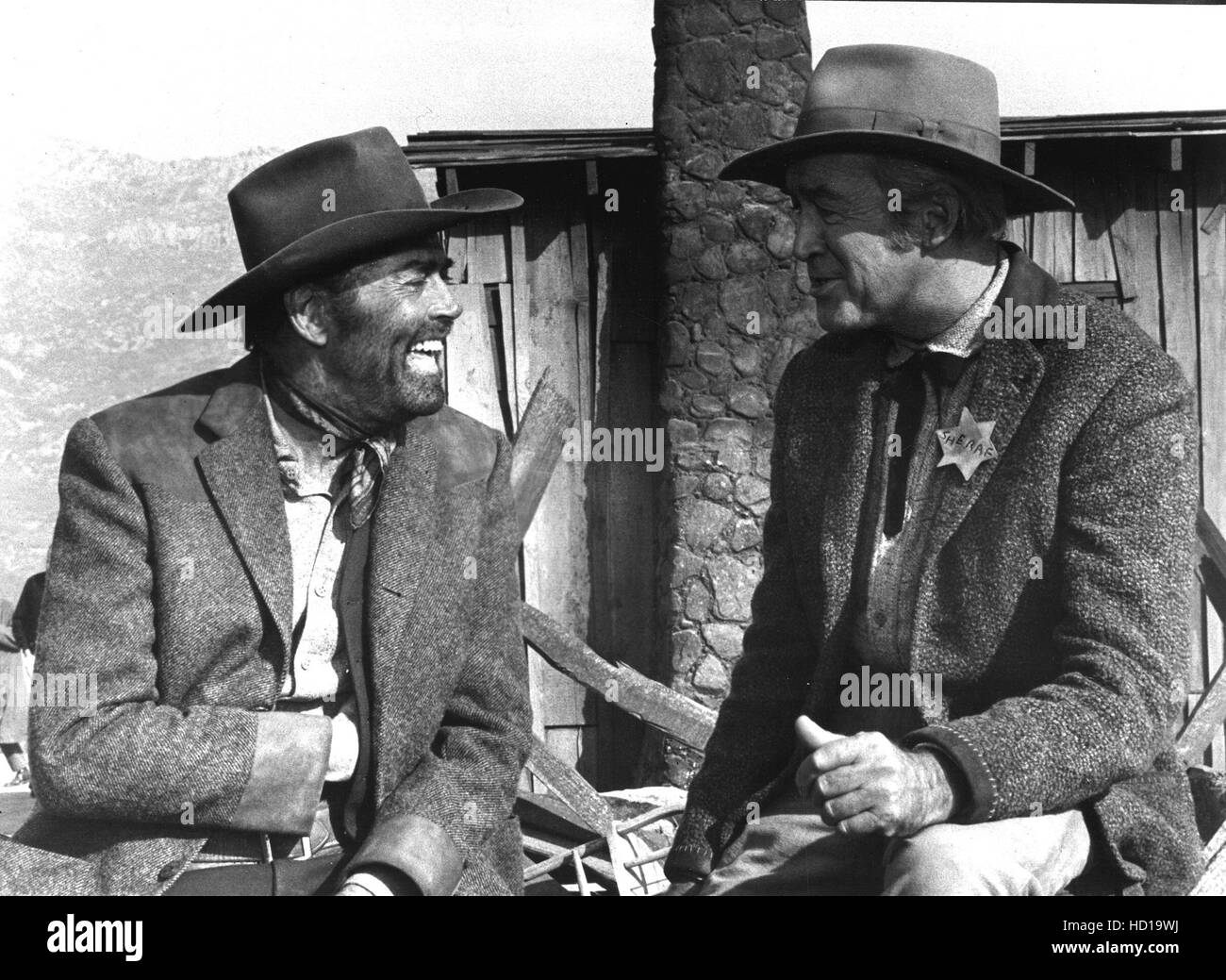Henry Fonda and James Stewart joking on the set of FIRECREEK, 1968 ...