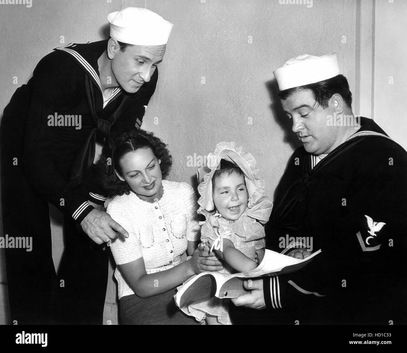 IN THE NAVY, Bud Abbott with Lou Costello and daugher Carol Lou on-set ...