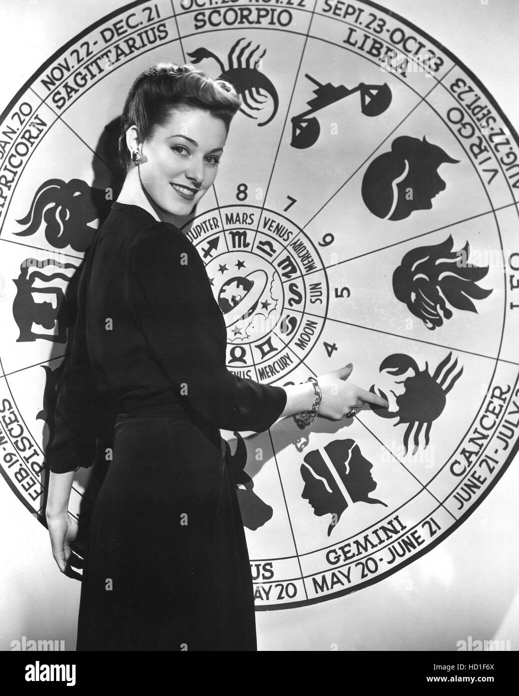 ELEANOR PARKER points to her sign on a Zodiac chart, 1945 Stock Photo ...
