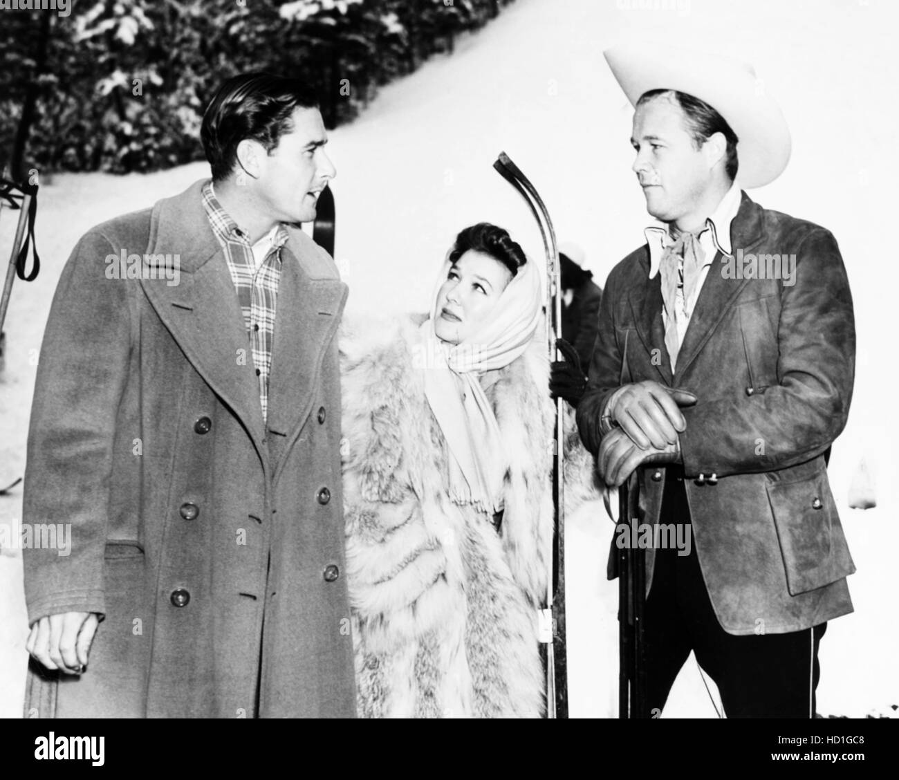 From left: Errol Flynn, Jean Parker, Wayne Morris at the Hyde Park Ski ...