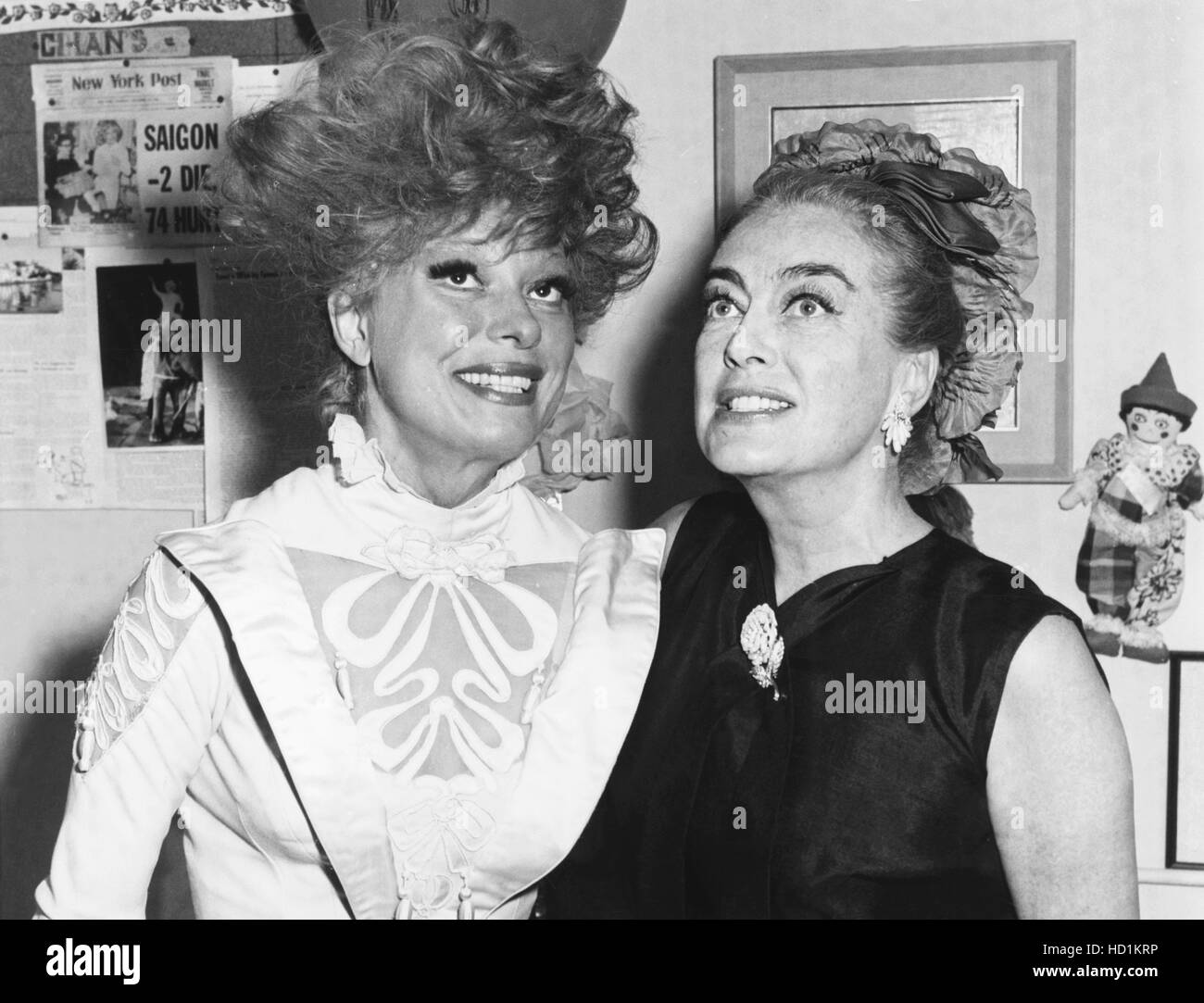 Joan Crawford, right, visiting Carol Channing, backstage at HELLO ...