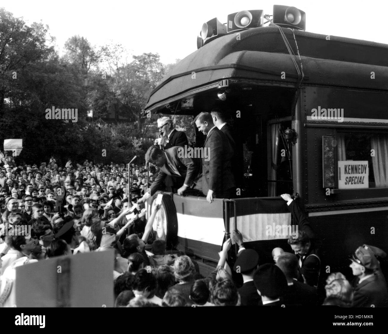 John F. Kennedy on campaign train in Michigan during 1960 presidential ...