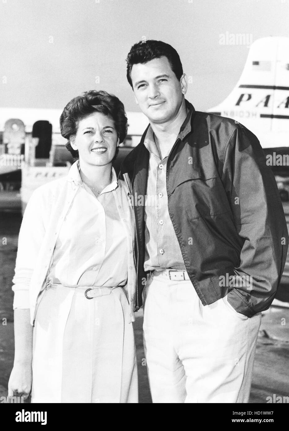 Rock Hudson (right) and his bride Phyllis Gates about to embark on ...