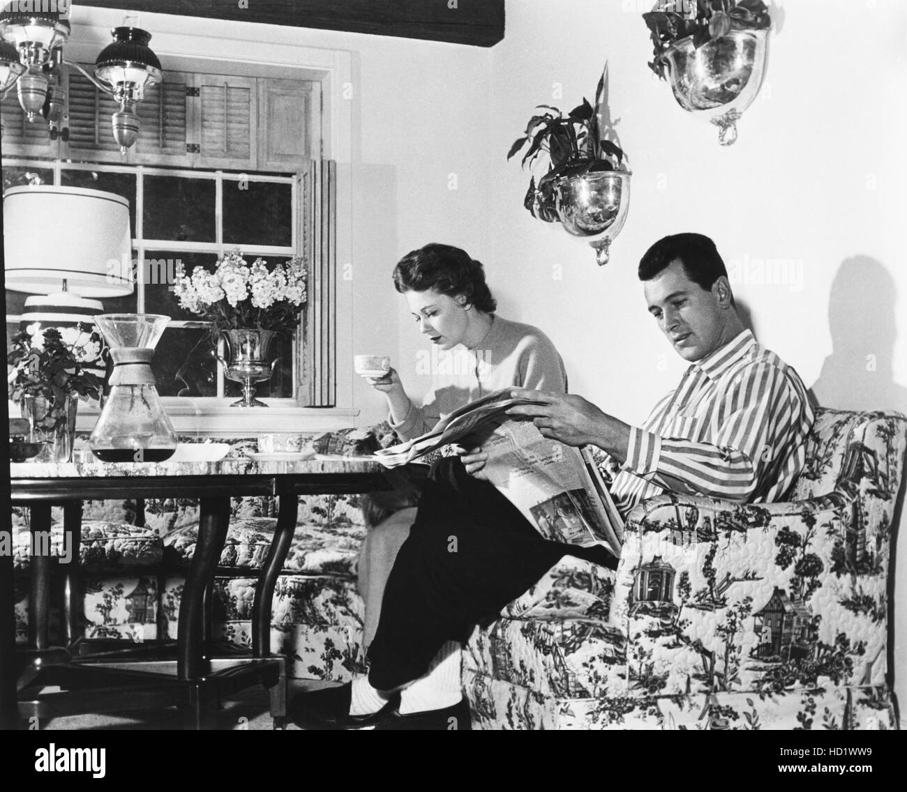 From left: Phyllis Gates, Rock Hudson at home, ca. 1960 Stock Photo - Alamy