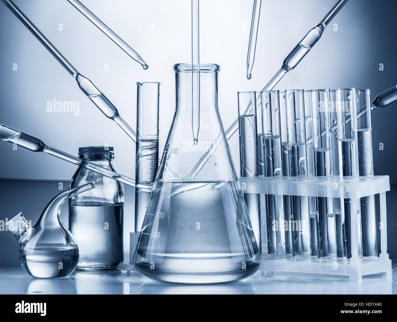 Different laboratory beakers and glassware. Monochrome Stock Photo - Alamy